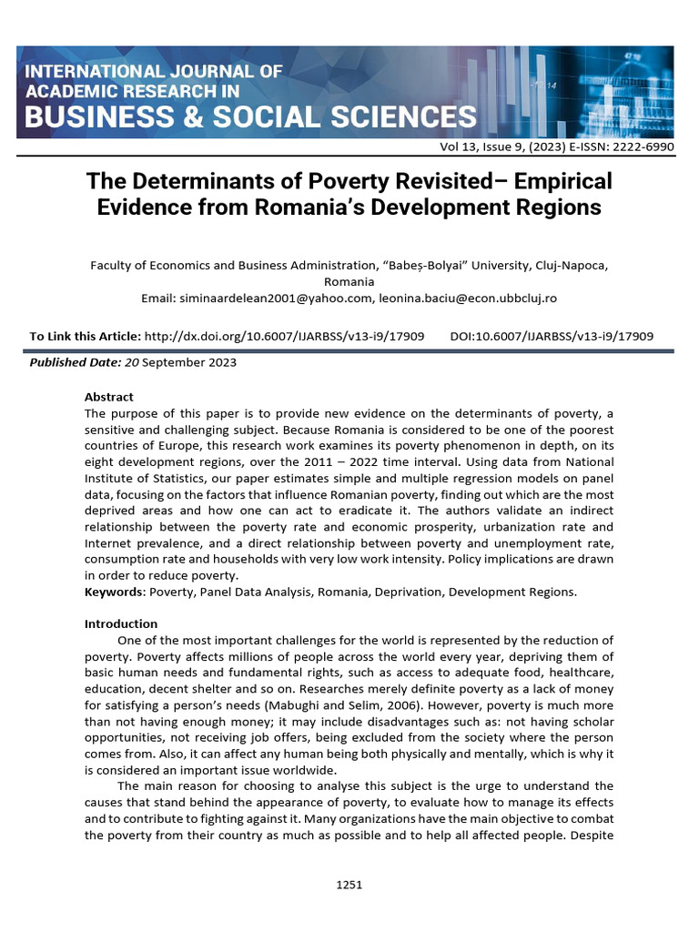 The Determinants of Poverty Revisited Empirical Evidence From Romanias Development Regions | PDF ...