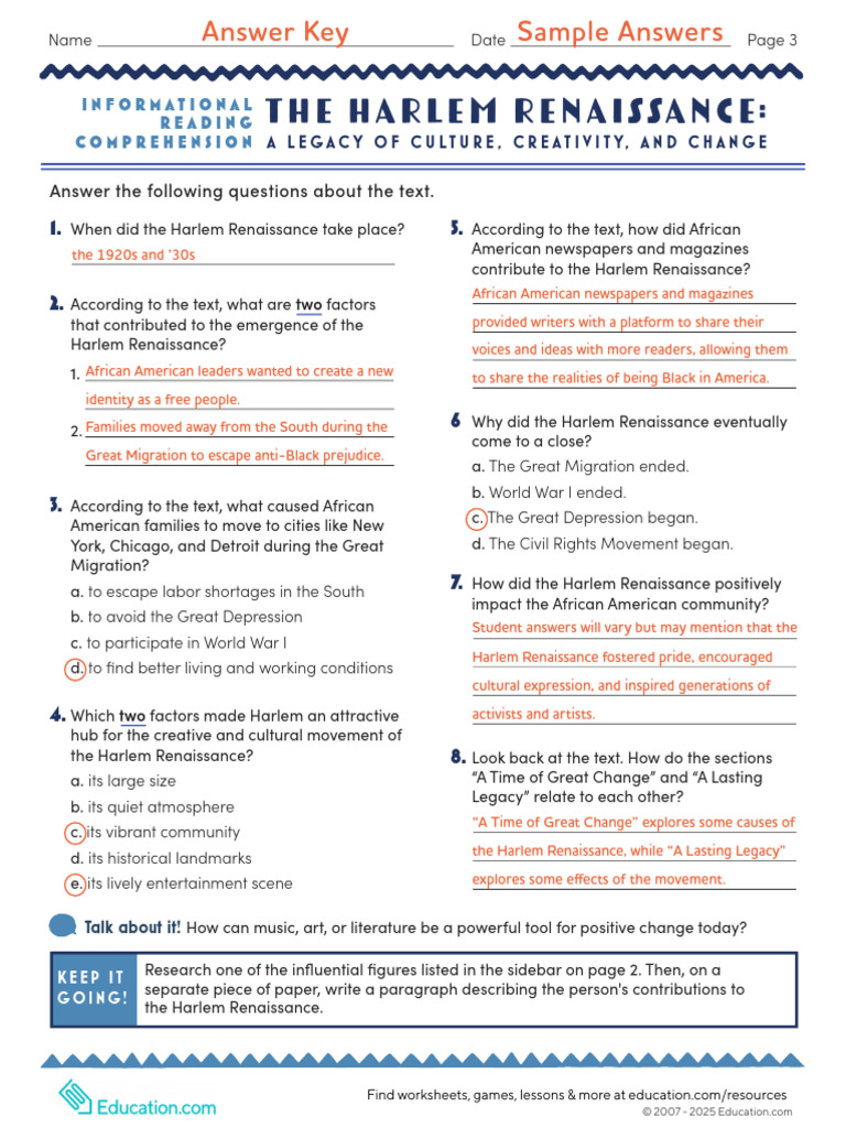 Answer Informational Reading Comprehension The Harlem Renaissance A ...