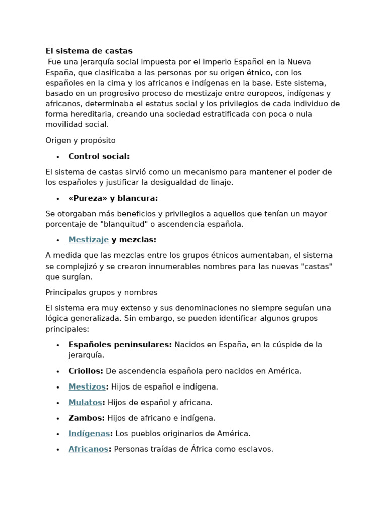 Sistema de Castas en la Nueva España | PDF