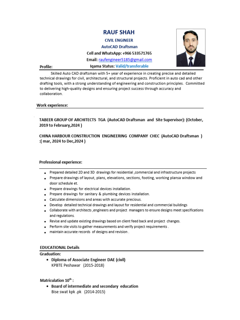 Rauf Shah Auto Cad Draftsman Cv. | PDF | Technical Drawing