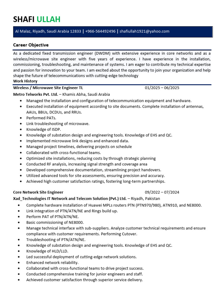 SHAFI ULLAH Resume ( Transmission Engineer) | PDF | Service Industries | Computing