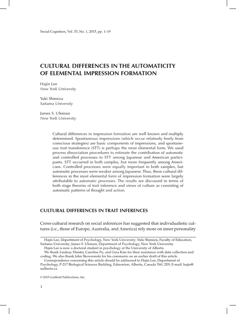 Cultural Differences in The Automaticity of Elemental Impression Formation | PDF | Memory ...
