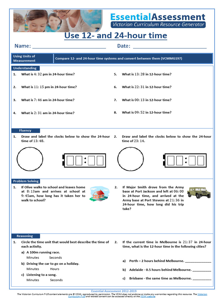 Use 12 - and 24-Hour Time (Essential Assessment) VCMMG197 With Answers ...