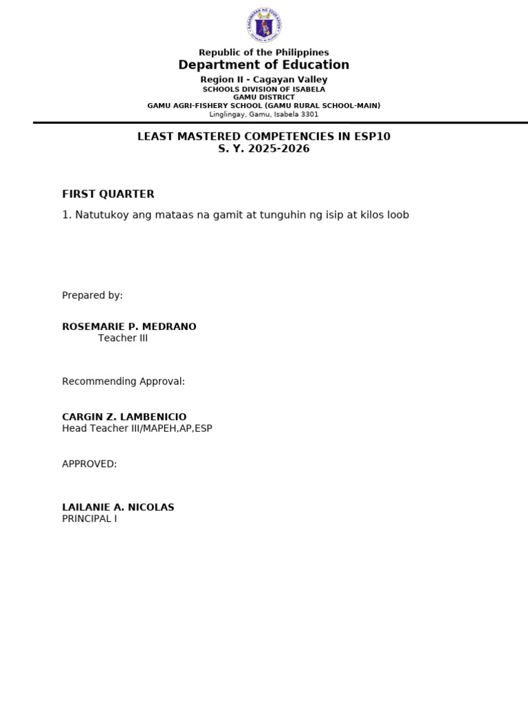 Least Mastered Competencies ESP10 & Math10 | PDF