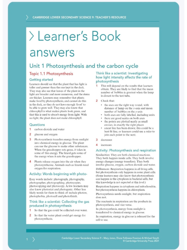 Cambridge Science Learners Book 9 Answer | PDF