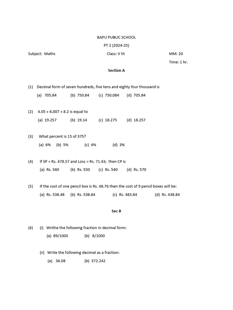 Class V Maths Exam Paper 2024-25 | PDF | Arithmetic | Discrete Mathematics
