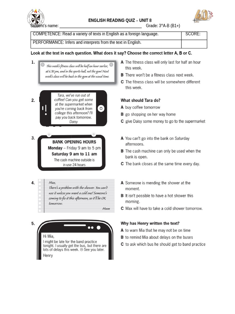 B1+ Reading Test 1 | PDF