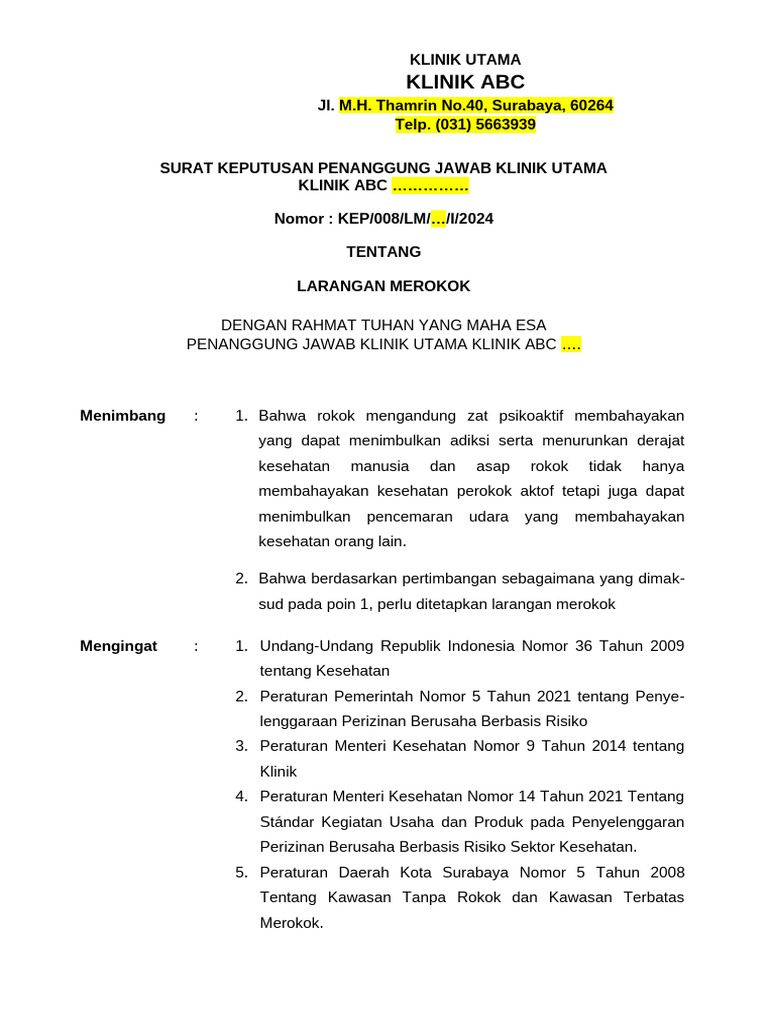 Sk 008 Larangan Merokok Klinik ABC | PDF