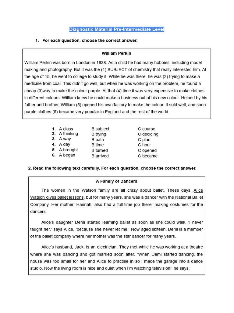 Diagnostic Material Pre Intermediate Level | PDF | Ballet