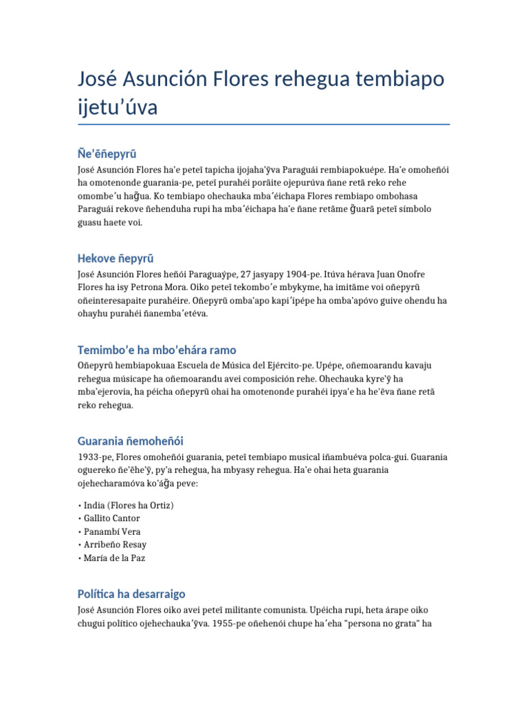 Jose Asuncion Flores Rehegua Guarani | PDF