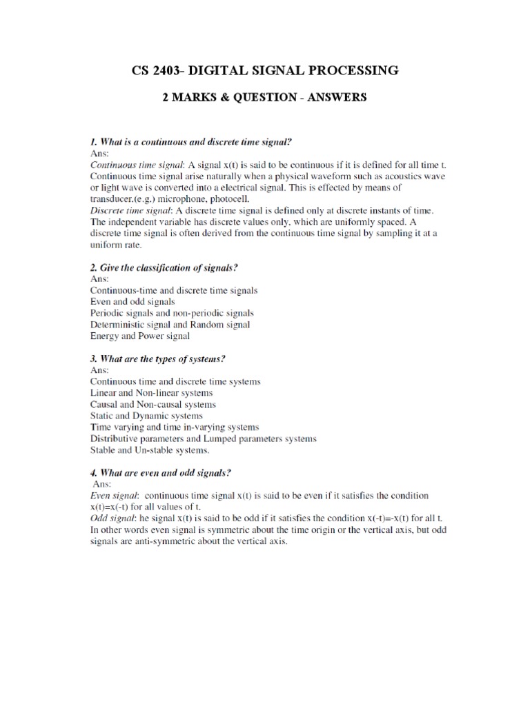 Cs 2403-Digital Signal Processing: 2 Marks & Question - Answers | PDF