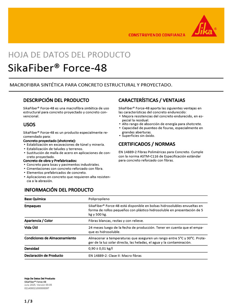 SikaFiber® Force-48: Macrofibra Sintética | PDF | Hormigón | Materiales