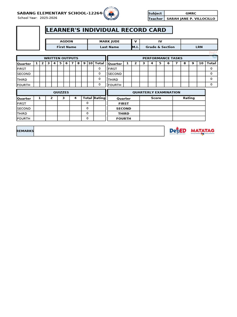 Learner's Individual Record Card (Excel) | PDF