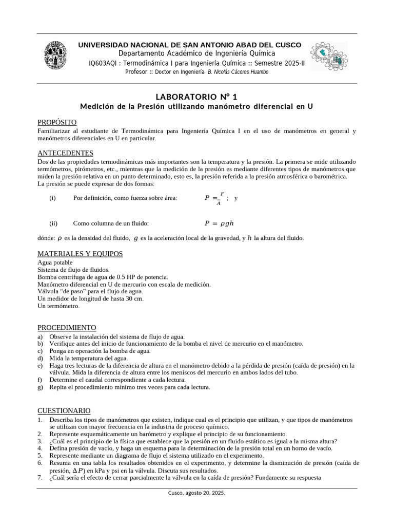 Lab 1 - Manometro en U - 2025II (1) | PDF | Medida de presión | Presión