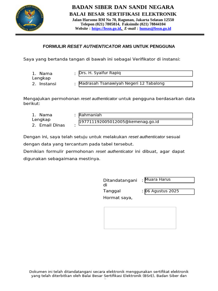 Formulir Reset Authenticator BSrE | PDF