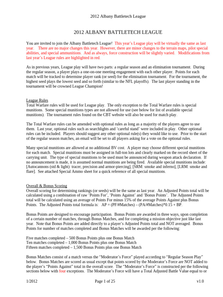 2012 Albany Battletech League Rules | PDF | Artillery | Tournament