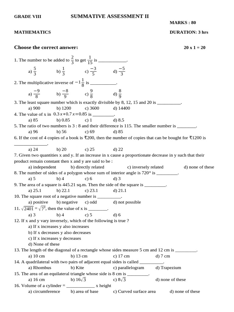 Grade 8 Math Final Assessment 2024 | PDF | Area | Rectangle