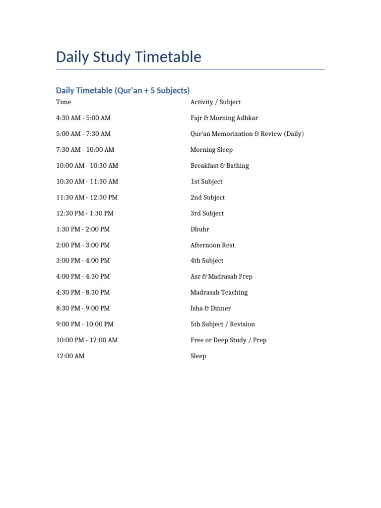 Daily Study Timetable for Muslims | PDF