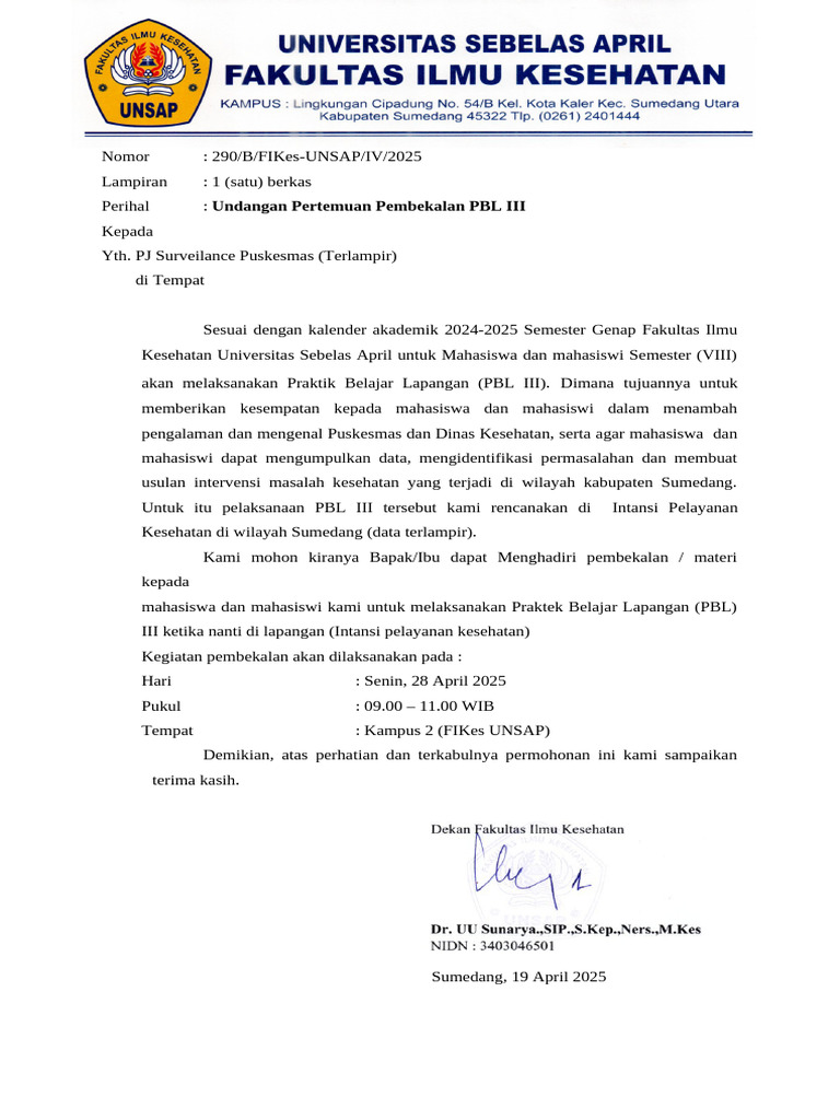 Undangan Pembekalan PBL III FIKes UNSAP | PDF