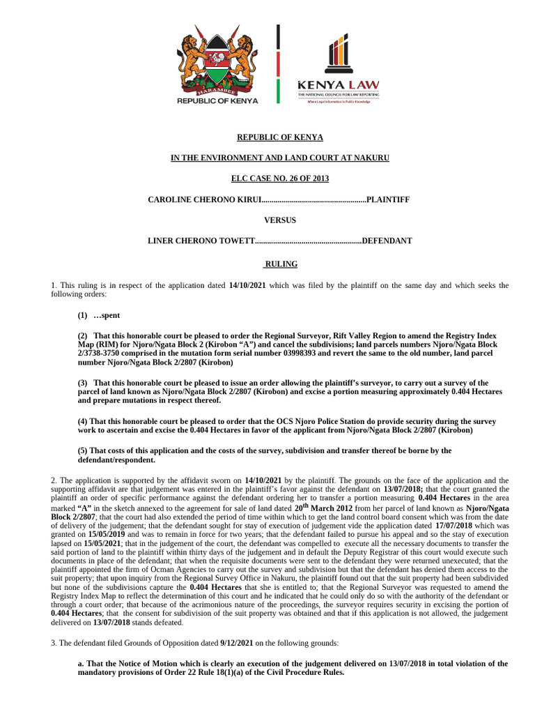 Caroline Cherono Kirui v Liner Cherono Towett (Environment Land Case ...