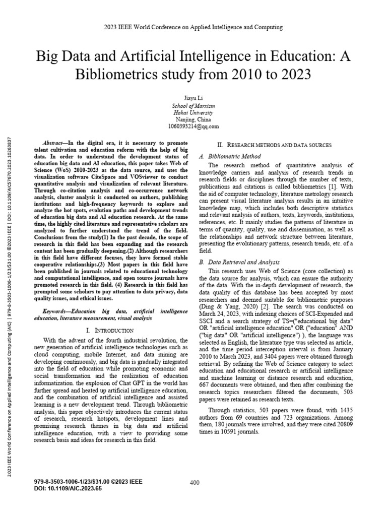 Big Data and Artificial Intelligence in Education A Bibliometrics Study ...