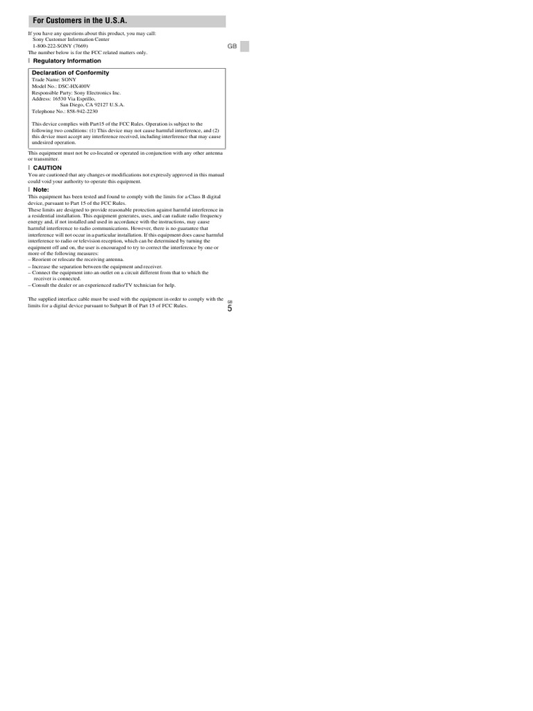 Sony DSC-HX400V FCC Compliance Guide | PDF