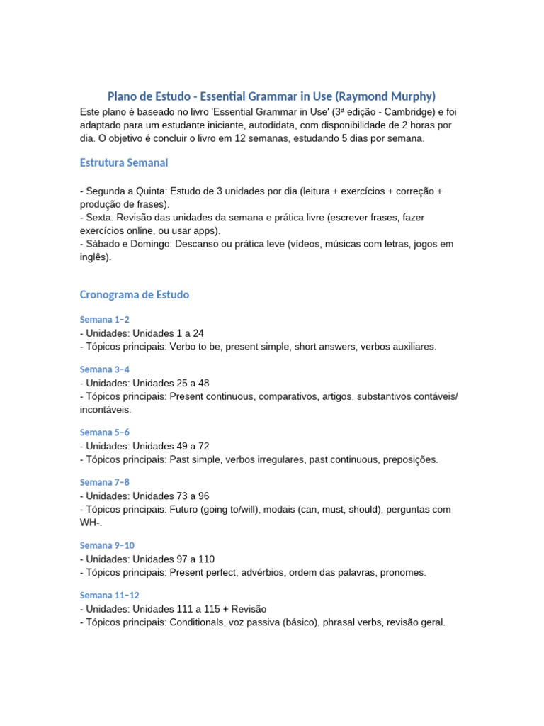 Plano Estudo Essential Grammar in Use | PDF