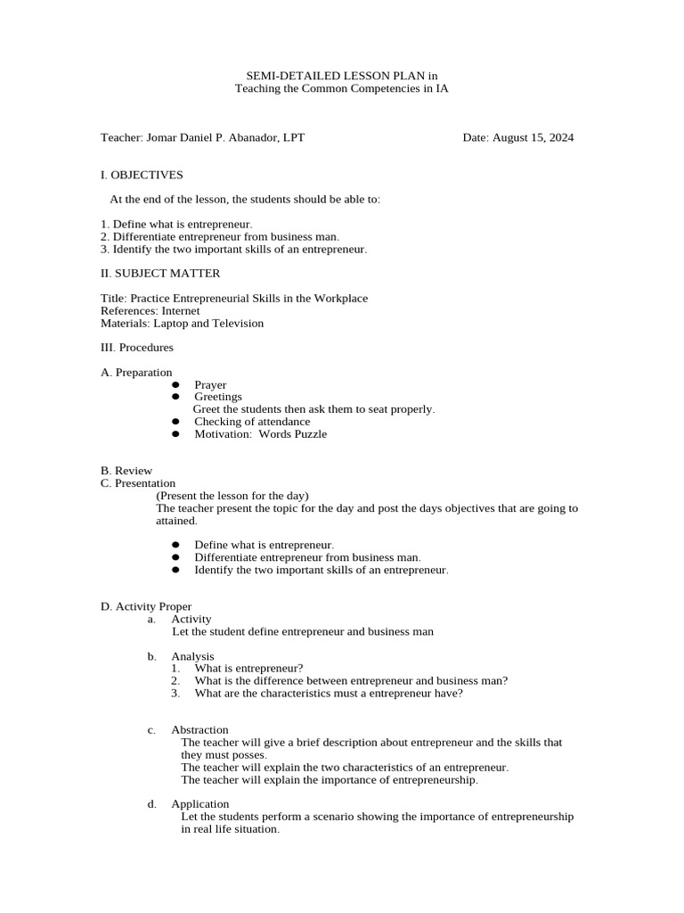 Semi DLP | PDF | Entrepreneurship | Teachers