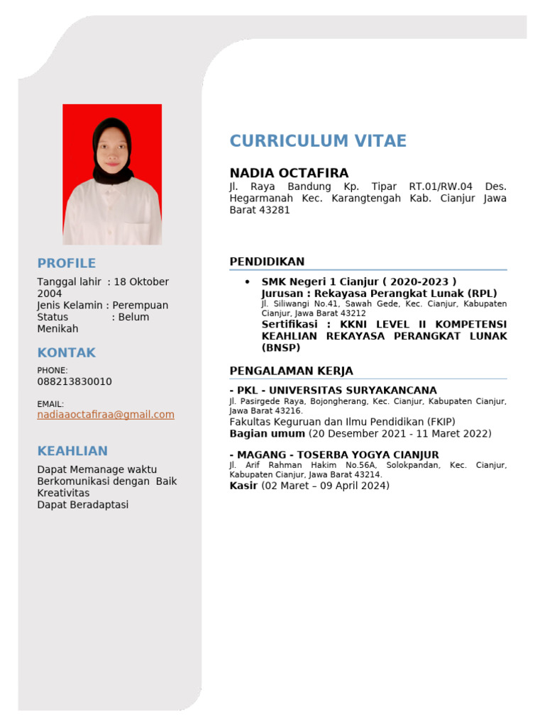 CV - Nadia Octafira | PDF