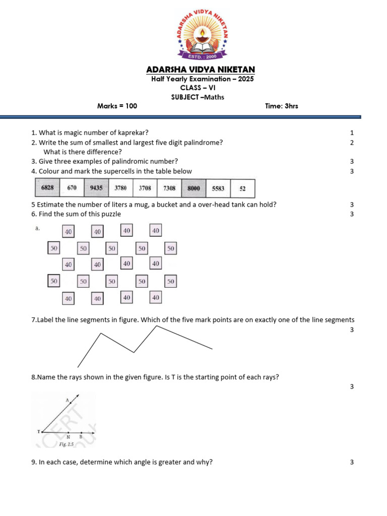 Class 6 Maths Hy 2025 | PDF