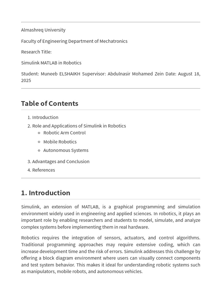 Simulink MATLAB Applications in Robotics | PDF | Robotics | Simulation