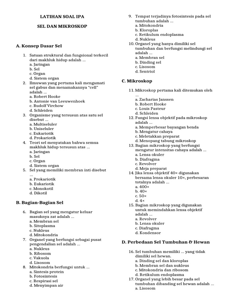 LATIHAN SOAL IPA - sel dan mikroskop | PDF