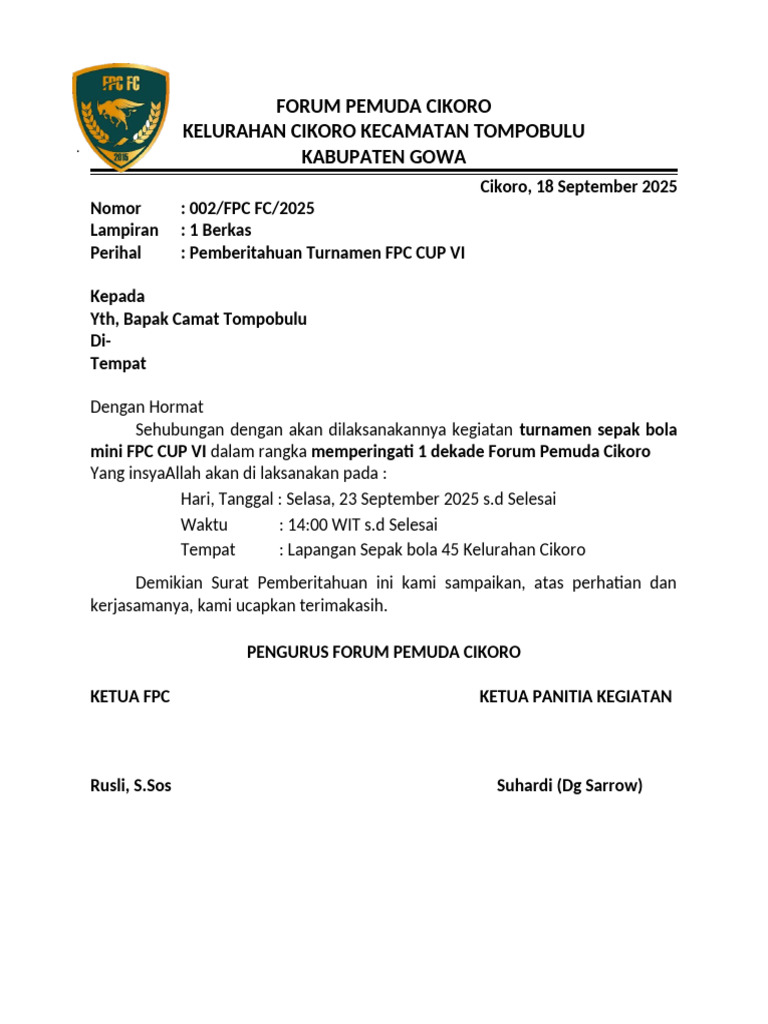 Pemberitahuan Turnamen FPC CUP VI | PDF