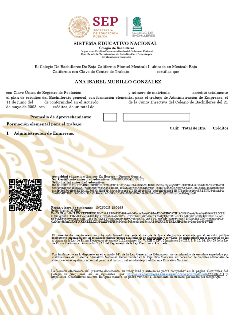 Certificado de Bachillerato Mexicali | PDF