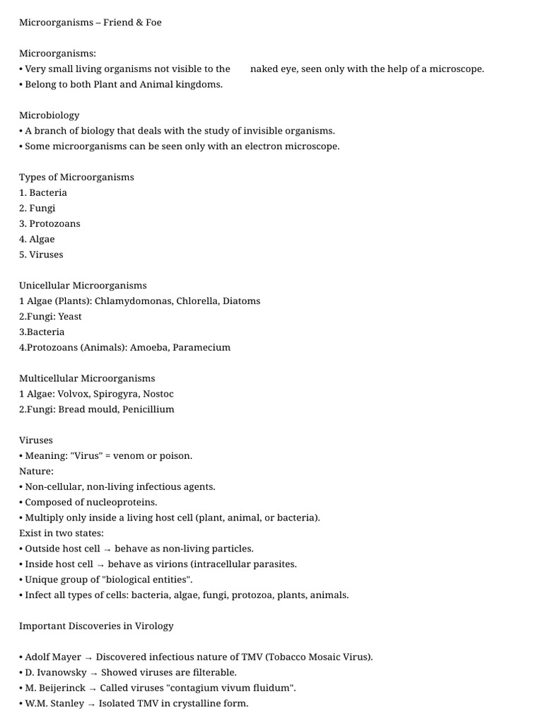 Micro Organisms Friends and For Lecture - 1 Notes | PDF | Virus ...
