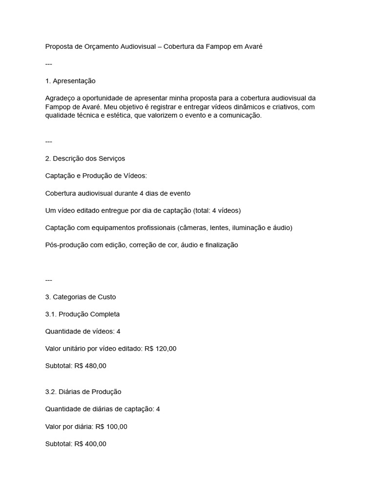 Orçamento Audiovisual Fampop Avaré | PDF