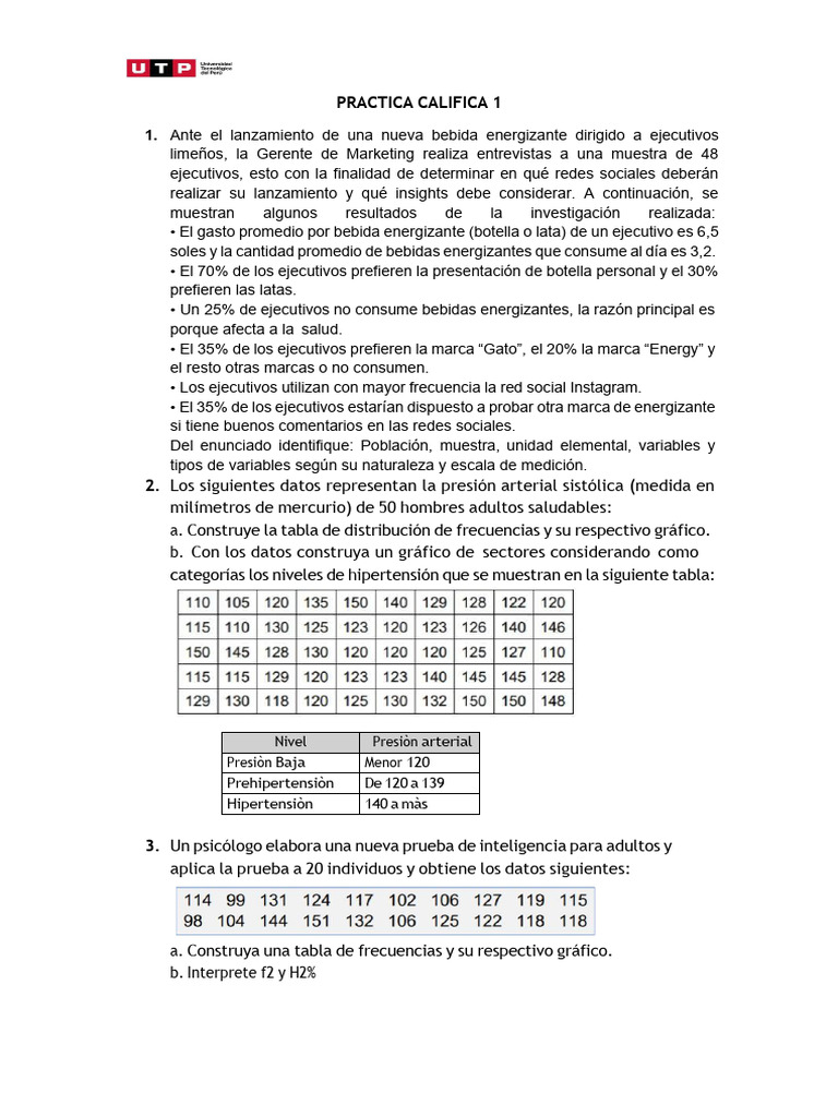 PRACTICA CALIFICA 1 - Descriptiva y Probabilidades | PDF | Hipertensión | Presión sanguínea