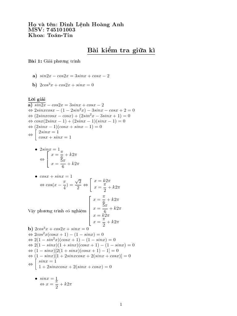 B I Kiºm Tra Giúa K : Hå V T N: Inh L NH Ho NG Anh MSV: 745101003 Khoa: To¡n-Tin | PDF