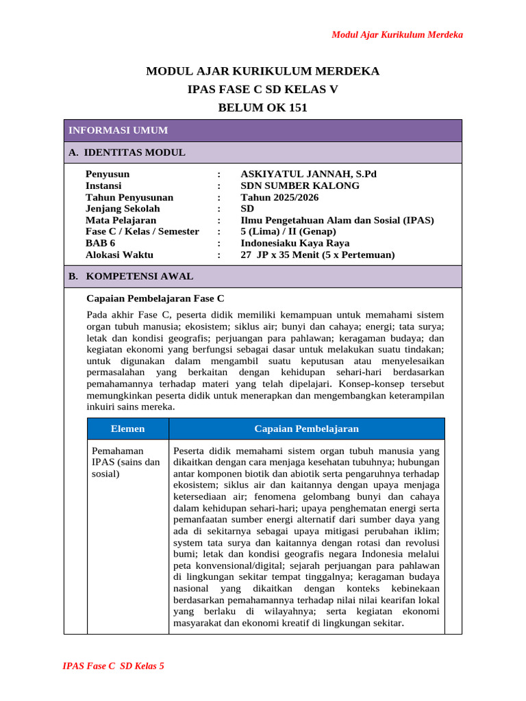 Modul Ajar IPAS Kelas V Kurikulum Merdeka | PDF