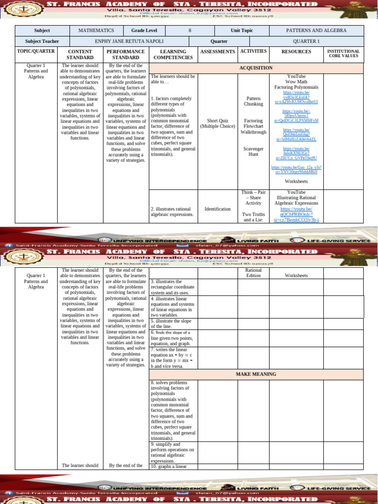 8th Grade Patterns and Algebra Guide | PDF | Equations | Polynomial