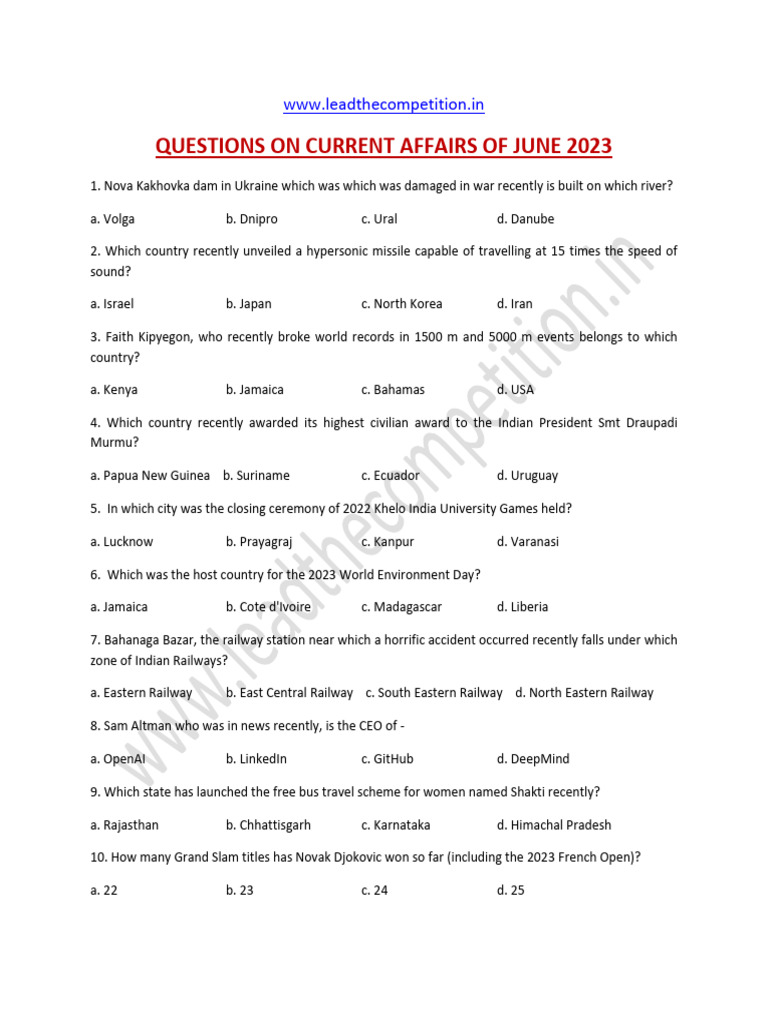 June 2023 Current Affairs Quiz | PDF