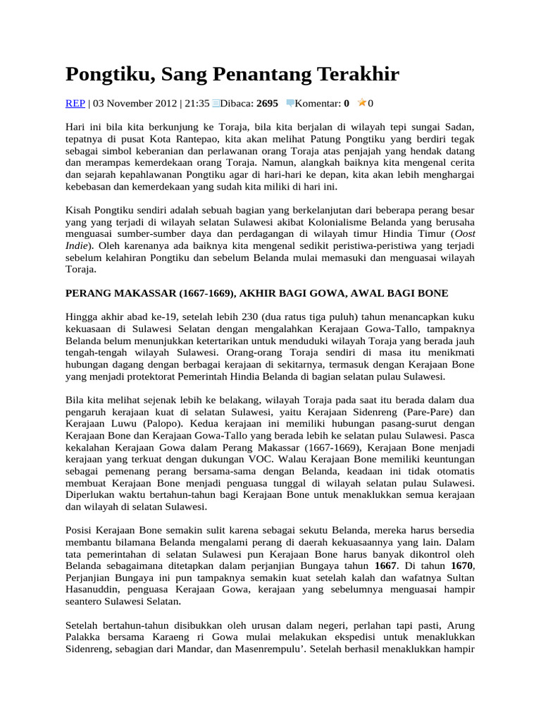 Sejarah Pongtiku dan Perlawanan Toraja | PDF