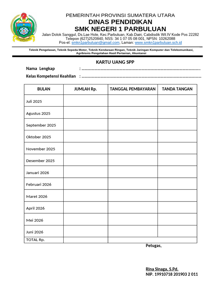 Kartu Uang SPP SMK Negeri 1 Parbuluan | PDF