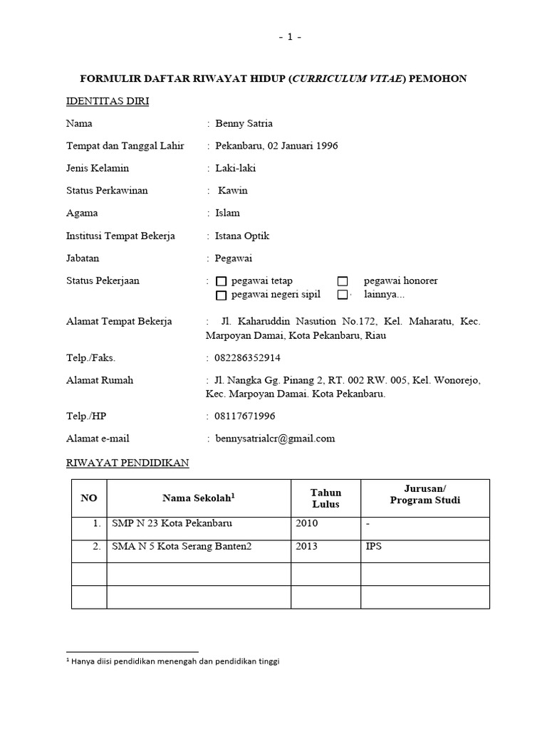 Formulir Daftar Riwayat Hidup Pemohon (F07) Benny Satria | PDF