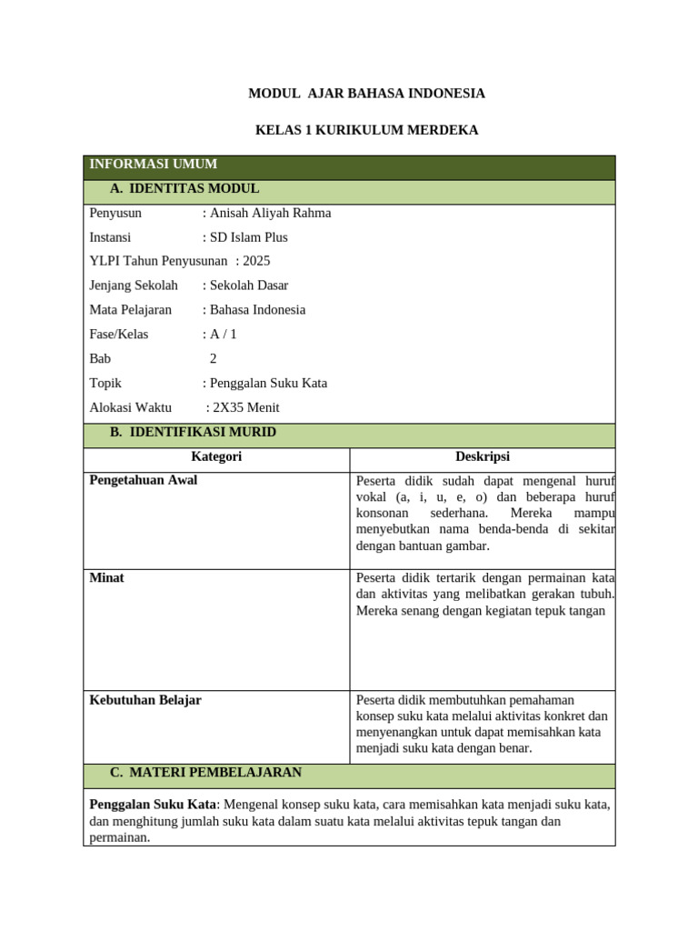 Modul Ajar Suku Kata Kelas 1 SD | PDF