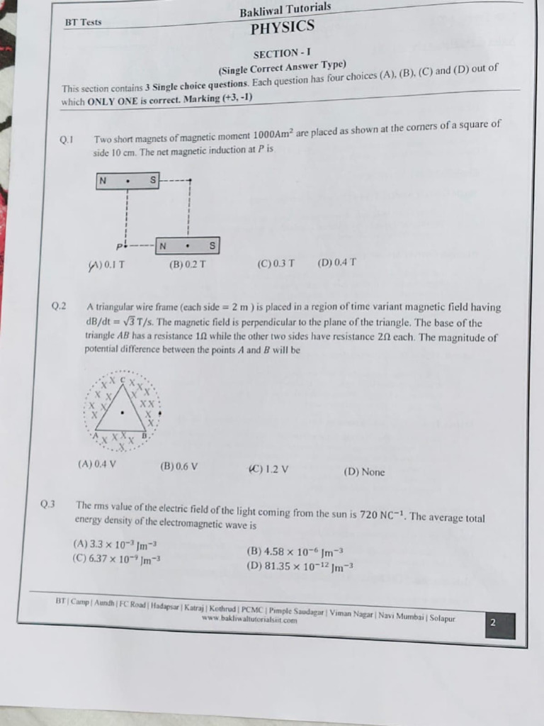 Bakliwal advance test | PDF | Inductor | Chemical Equilibrium