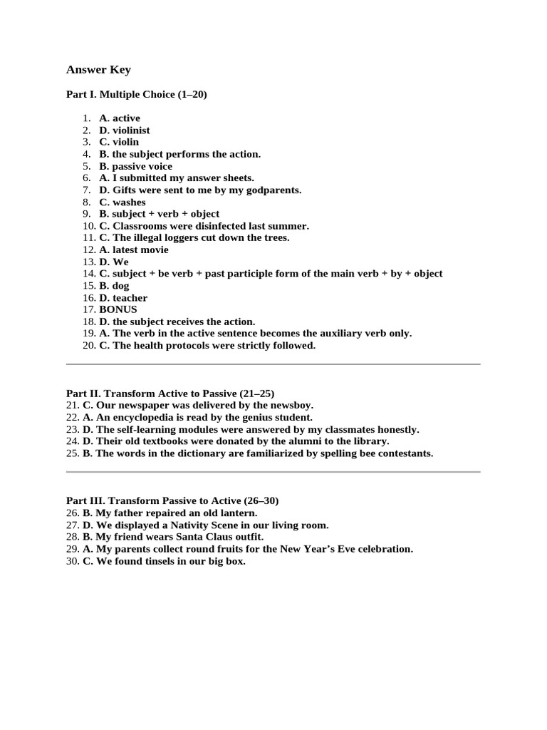 Active and Passive Voice Answer Key | PDF
