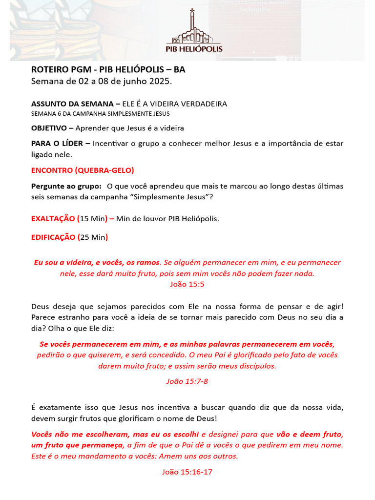 ROTEIRO PGM - 02 A 08 Jun 2025 | PDF | Jesus | Amor