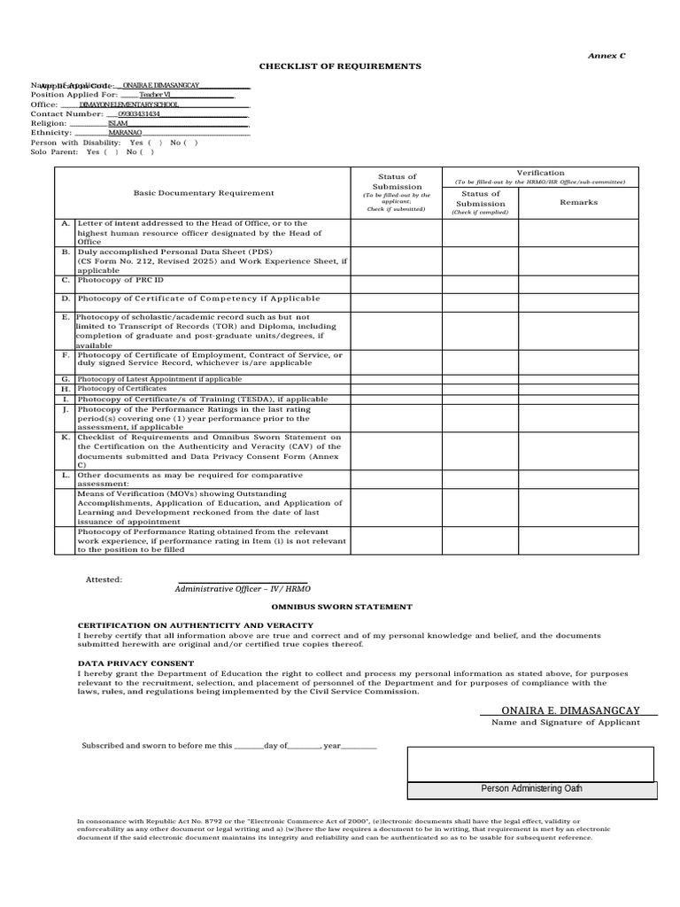 Annex C Checklist of Requirements and Omnibus Sworn Statement | PDF