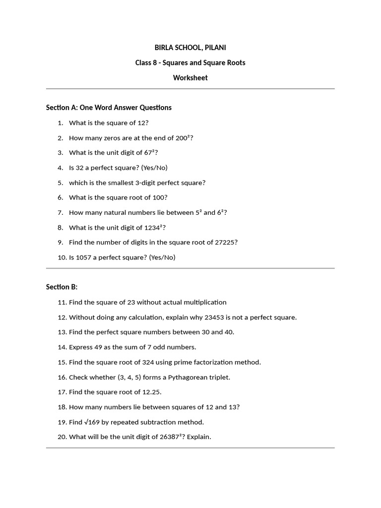 Class 8 Squares and Square Roots Worksheet | PDF | Numbers | Zero Of A ...